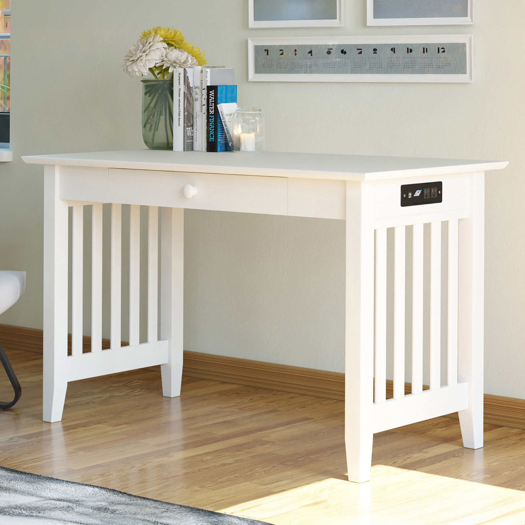 Mission Desk with Drawer and Built-in Charger – AFI Furnishings